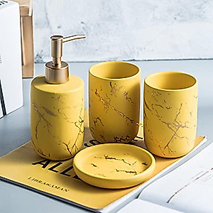 Bathroom Accessories Set, 4Pcs/Set Luxury Ceramic Bathroom Accessory Set, Soap/Lotion Dispenser, Bathroom Tumbler, Soap Dish for Home Hotel Bathroom (Yellow)
