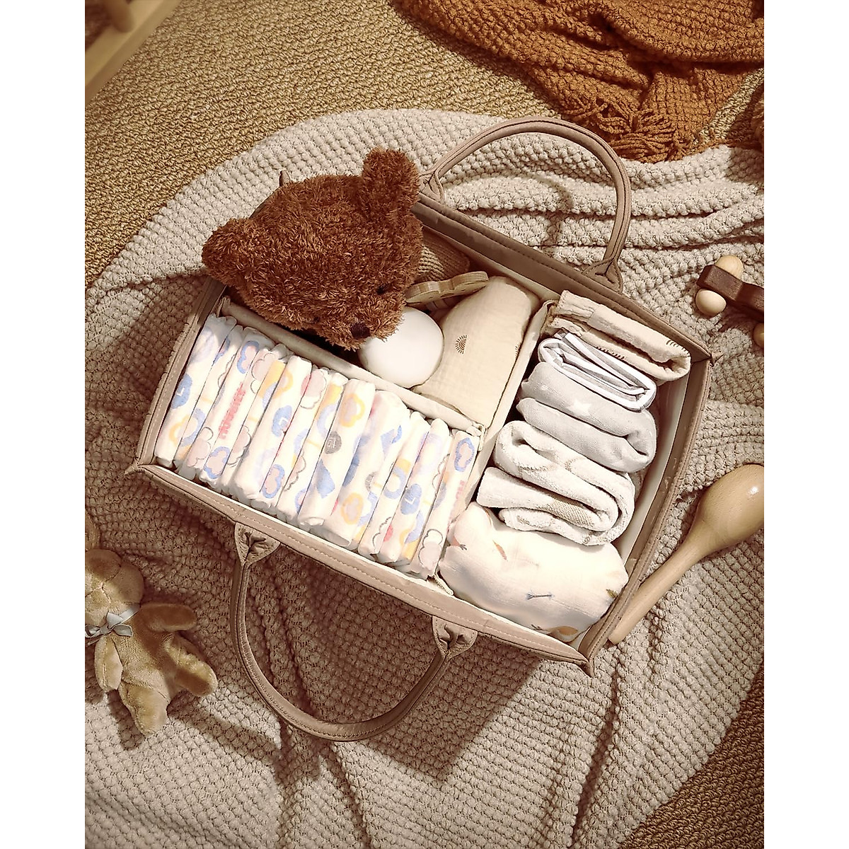 Blissful Diary Baby Diaper Caddy Organizer, Stylish Storage Basket for Newborn Essentials and Diaper Station, Gift for Baby Shower and Registry Must-Have, Mocha Brown