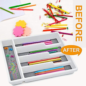 E-far Silverware Tray for Drawer, Small Plastic Utensil Tray Drawer Organizer, 5 Compartment Flatware Cutlery Holder/Divider, White with Gray Non-slip Rubber Grips, 12.6 x 11.4-Inch