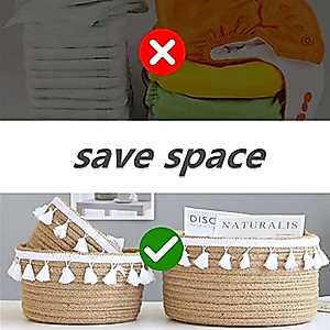 GIBZ Jute Storage Baskets with Tassel, Decorative Natural Round Basket Set Home Organizer for Bedroom, Nursery, Living Room, Bathroom White Set of 3