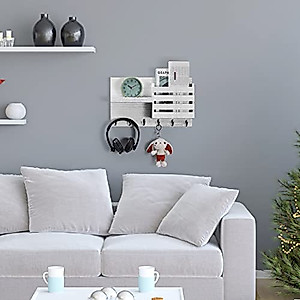 PINPON Wall Mounted Mail Holder Wood Key Holder and Mail Sorters with 6 Hooks Wall Key Hanger Letter Bills Magazine Organizer Rack for Farmhouse Entryway Hallway Office, Rustic White