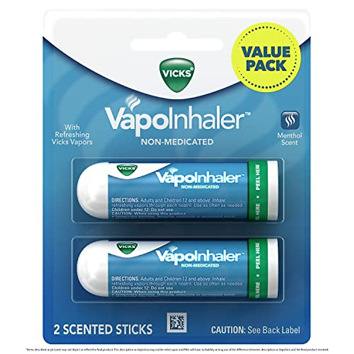Vicks VapoInhaler, On-The-Go Portable Nasal Inhaler, Non-Medicated, with Refreshing Vapors, Menthol Scent, 2 Scented Sticks (Pack of 2)