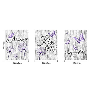 Kalormore Bedroom Picture Decoration Fancy Purple Dandelion Butterfly with Elegant Always Kiss Me Goodnight Painting Rustic Grey Wooden Textured Giclee Canvas Wall Art Decor Ready to Hang