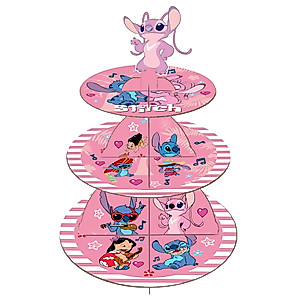 Stitch Birthday Decorations, 3 Tier Pink Cake Stands for Party, Lilo and Stitch Party Supplies Cupcake Holder, Boys Girls Birthday Baby Shower Party Supplies