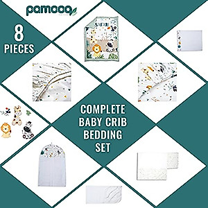 PAMOOQ 100% Cotton Crib Bedding Set | 8-Piece Baby Bedding Crib Set | Jungle Safari Design Nursery Crib Set | Premium Turkish Cotton | Woodland Collection | Includes Mattress Protector
