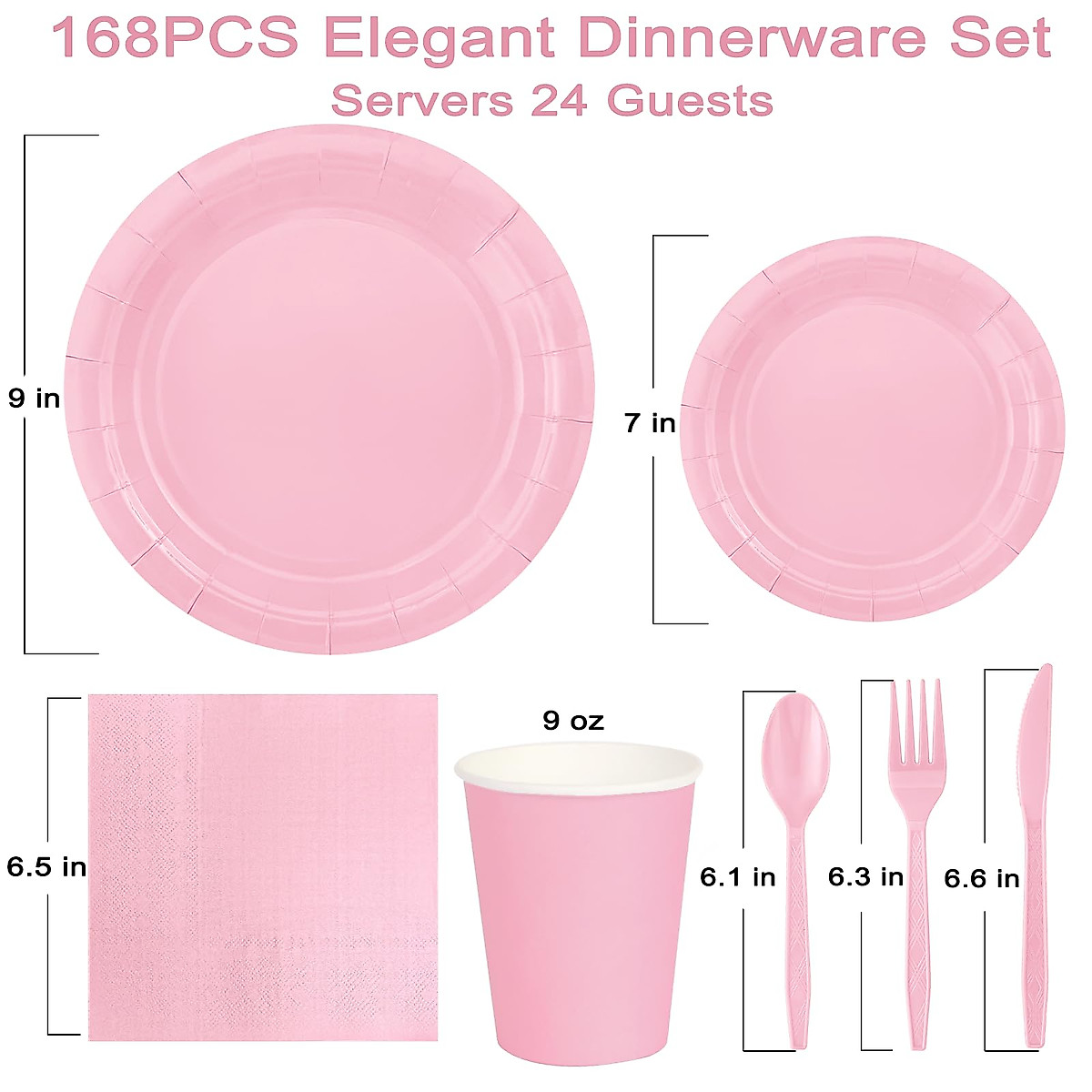 WNINK 168PCS Light Pink Paper Plates and Napkins,Pink Disposable Plates Set with Pink Utensils,Pink Party Decorations for Baby Shower Gender Reveal Women Birthday Party Supplies Serve 24 Guests