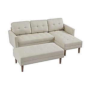 Modern Sectional Sofa Bed, L-Shape Sofa Chaise Lounge with Ottoman Bench for Living Room (Cream White Fabric)