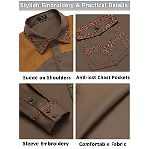 COOFANDY Mens Shirt Western Cowboy Embroidered Long Sleeve Slim Fit Casual Cotton Button Down Hippie with Pockets, Khaki, X-Large, Long Sleeve