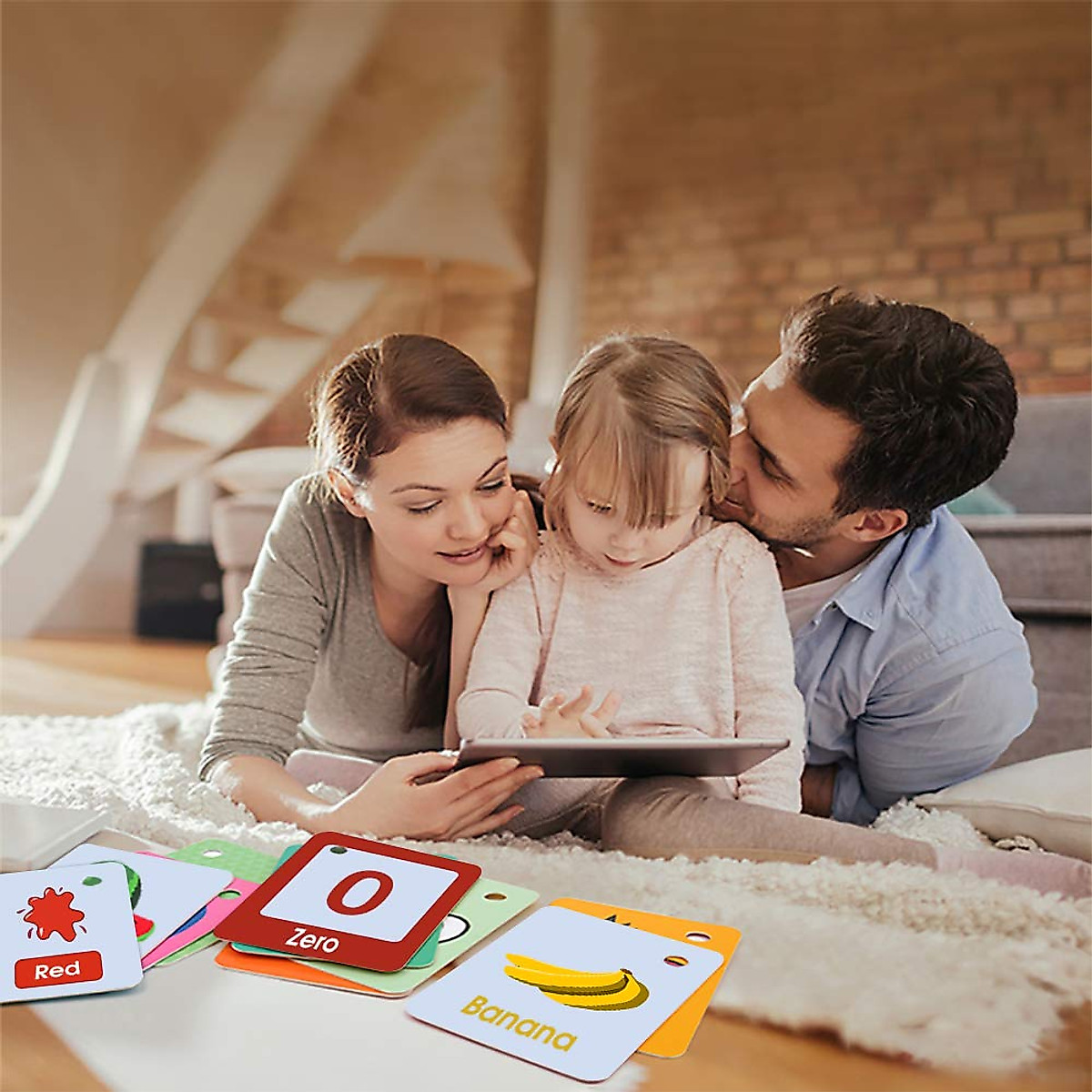 Preschool Learning Flash Cards Set of 4, Numbers, Alphabets, Colors, and Fruits, 100 Cards with 200 Pictures Early Educational Toy Gift for Kindergarten Tuddler Double-Sided Cards with Buckle