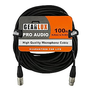 Gearlux XLR Microphone Cable, Fully Balanced, Male to Female, Black, 100 Feet - 2 Pack