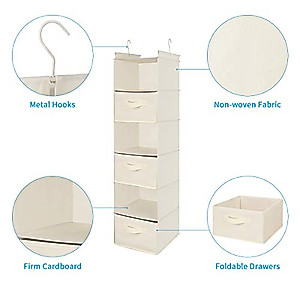 MAX Houser 6 Tier Shelf Hanging Closet Organizer, Closet Hanging Shelf with 2 Sturdy Hooks for Storage, Foldable,Beige and Beige-D3