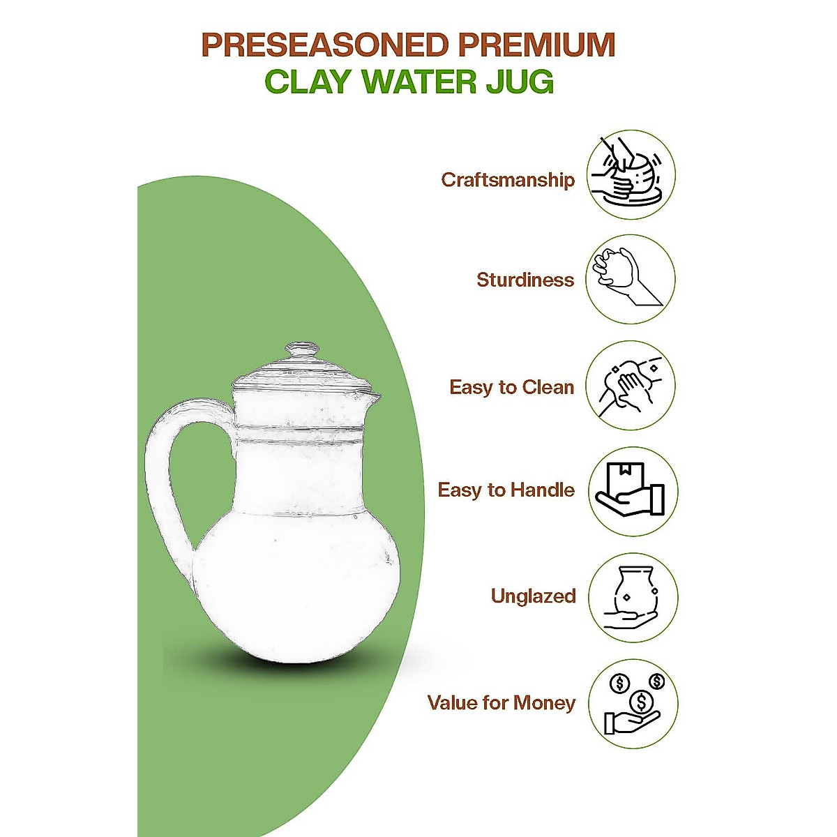 Village Decor Handmade Clay Water Jug With Lid | Carafes Pitcher Capacity 67 oz 2000 ml.