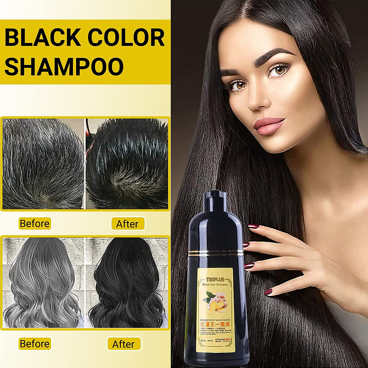 TSSPLUS Hair Dye Shampoo 3 in 1, Ginger Essence Black Hair Dye 16.9 Fl Oz, Black Hair Shampoo, Semi-Permanent Hair Color For Men and Women, 100% Gray Hair Coverage, Safe and Hair herbal shampoo