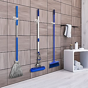 PTYWRTUS Broom Holder, Non Drilling Hole Self-Adhesive Storage Rack Hanger, Anti-Slip Utility Hooks，Mop Holder Wall Mount for Home, Bathroom, Garden, Kitchen, Garage(6Pack) (Transparent+White)