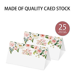 Place Cards for Floral Party, Editable Name Place Cards, Seating Place Cards for Tables, Tent Style Cards for Wedding, Valentine's Day, Bride & Baby Shower, Easy Folding, Pack of 25 Escort Cards(B17)