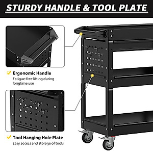 3 Tier Rolling Tool Cart, Tool Cart with Lockable Drawers and Universal Wheels, 500 LBS Capacity Service Utility Cart, Mechanic Tool Cart on Wheels for Garage, Warehouse, Repair Shop, Black