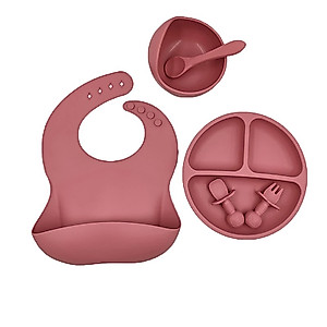 Silicone Baby Plate Feeding Bowl Set 6 Pack Feeding Supplies For Toddler Utensils Silicone Feeding Set With Bib, Spoons, Bowl, Baby Plate Dishwasher-safe Feeding Kit (set-red)