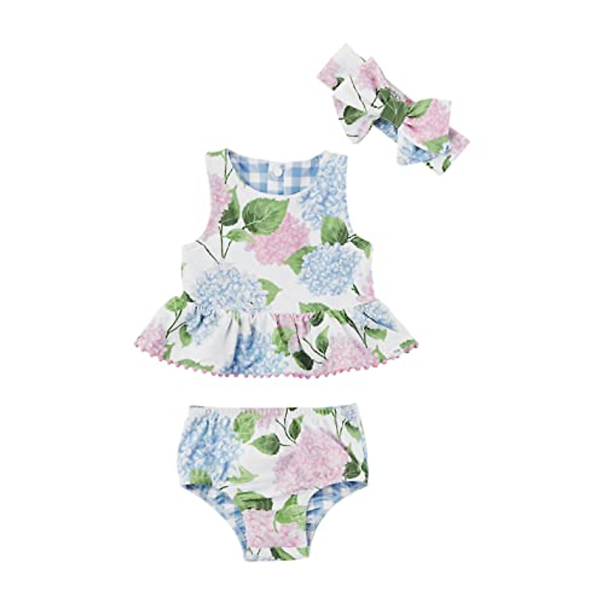 Mud Pie Girls Reversible Swimsuit & Headband Set, Hydrangea/Gingham, 2T