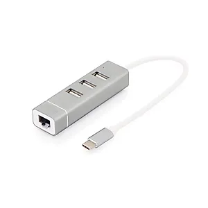DIGITUS USB Type-C 2.0 Hub - with Fast Ethernet LAN Adapter - 3X USB-A Ports 480 Mbps - 1x RJ45 Port 100 Mbps - Plug & Play - Silver