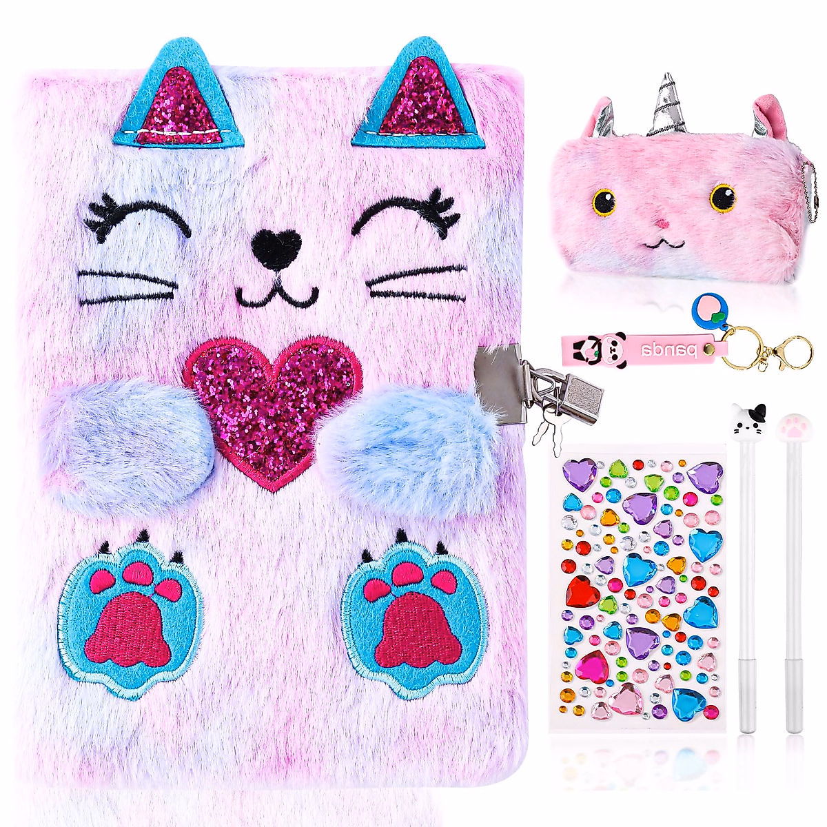 Cat Diary with Lock Gift for 6 7 8 Year Old Girl,Secret Journal Notebook Diary for Girls,Kids Journals for Girls Christmas Gift Set,Secret Diary with Pen Pouch Panda Keychain Cat Paw Pen.