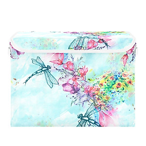 WELLDAY Flower Dragonfly Storage Baskets Foldable Cube Storage Bin with Lids and Handle, 16.5x12.6x11.8 In Storage Boxes for Toys, Shelves, Closet, Bedroom, Nursery