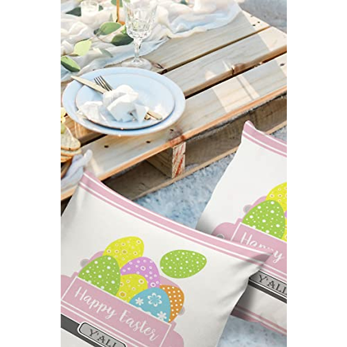 Outdoor Pillow Covers 24x24inch Spring Happy Easter Colorful Eggs Truck Waterproof Decorative Patio Garden Cushion Cover Pink Stripes Throw Pillow Case Set of 2 for Sofa Furniture Decoration