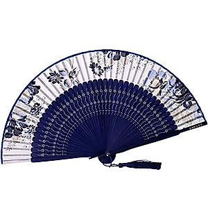 PHONME 8.3" Silk Folding Fan, Vintage Style Flower Pattern Hollowed Bamboo Handheld Fans, Wall Decor Vintage style