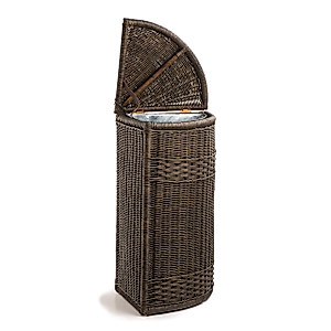 The Basket Lady Corner Wicker Trash Basket with Removable Metal Liner, 15 in L x 15 in W x 26 in H, Antique Walnut Brown