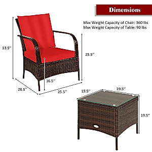 Tangkula 3 Piece Patio Furniture Set, 2 Wicker Chairs with Glass Top Coffee Table, Outdoor Garden Porch Poolside Furniture Set for 2, Rattan Conversation Set