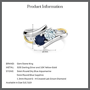 925 Sterling Silver and 10K Yellow Gold Sky Blue Aquamarine Blue Sapphire and White Lab Grown Diamond 2 Stone Crossover Ring (1.12 Cttw, Gemstone Birthstone, Available in size 5, 6, 7, 8, 9)