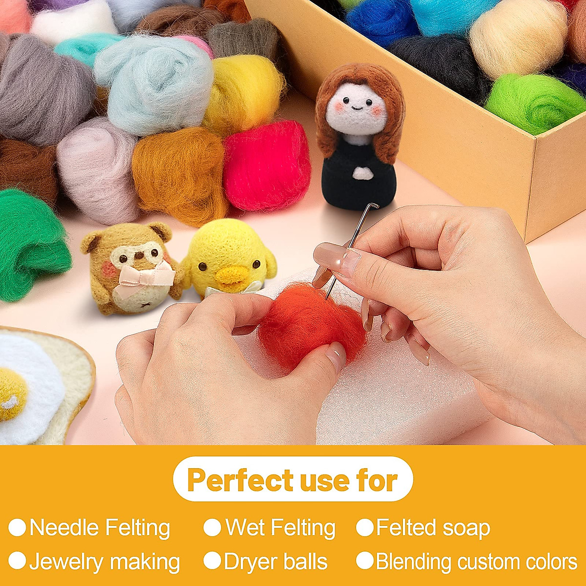 96pcs 10.4 oz Needle Felting Wool- 48 Colorful Nature Fibre Wool Yarn Roving Needle Felting Hand Spinning for Wool Felting Yarn Supplies DIY Craft Materials, 3g/Pack
