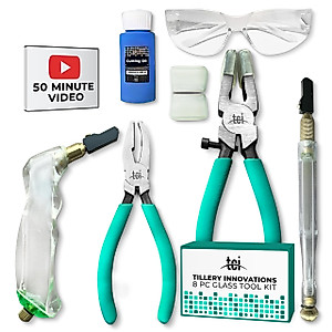 Professional Eight PC Stained Glass Tool Kit with Instructional Video, Oil Filled Pistol and Pencil Grip Cutter, 1” Running Pliers, Breaking and Grozer Pliers