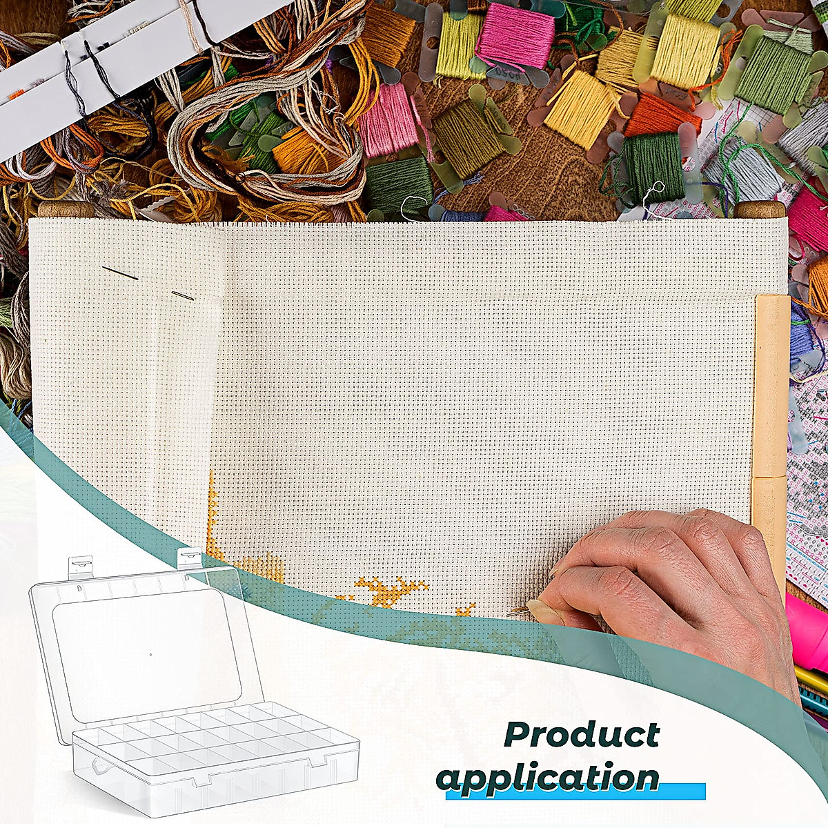 Queekay Embroidery Floss Organizer Box Set, Includes Compartments Floss Cross Stitch Organizer Box, Plastic Floss Bobbins and 1790 Floss Number Stickers for Thread Sewing, 4 Sets (50, 24 Grids)