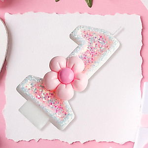 Zi Lan Birthday Candle for Girl, Pink Gerbera Daisy Flower 1st Birthday Party Decorations, Number 1 Cake Candle, Pink Sequin Birthday Cake Toppers for Baby Shower Anniversary Party Celebration supplie