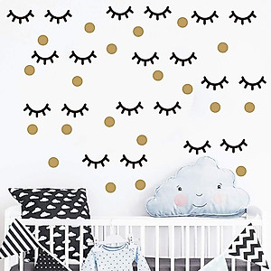 JUEKUI Wall Decor Sticker 96pcs Lovely Sleepy Eye Eyelashes with 100pcs Pink Dots Vinyl Deccal for Kids Bedroom Makeup Art WS22 (Black+Gold)
