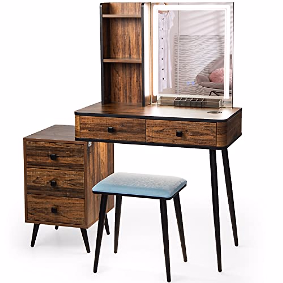 CHARMAID Vanity Set with Dimmable Lighted Mirror, 3 Lighting Modes, Human Body Induction, Side Cabinet, 2 Drawers, Storage Shelves, Cosmetic Tray, Makeup Table Dressing Desk with Stool (Rustic Brown)