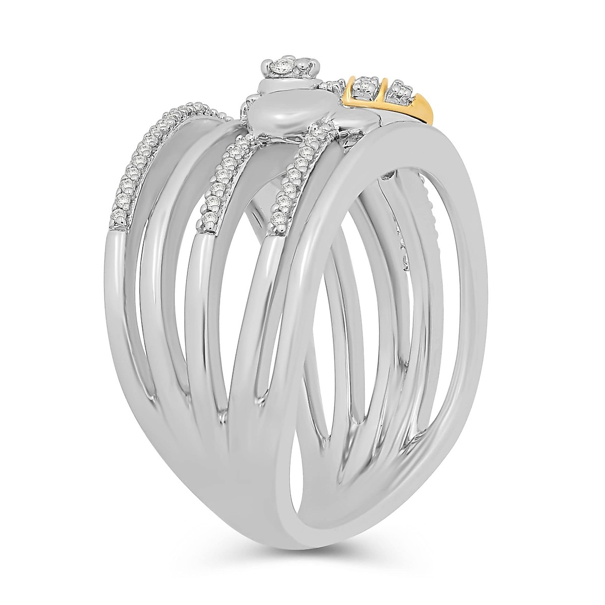 Jewelili Sterling Silver and 10K Yellow Gold 1/5 Cttw Natural White Round Diamonds Bee Band Ring, Size 7