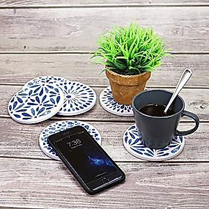 AD Set of 6 Coasters for Drinks Absorbing Round Ceramic Stone Coaster with Cork Base,Tabletop Protection Mat for Mugs and Cups,Office,Kitchen (Indigo Blue)