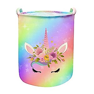 Unicorn Laundry Basket Hamper Large Sized Round Storage Basket Waterproof Bin Collapsible Laundry Basket for Girls Room Organizer, Kids Bedroom Nursery Playroom Clothes (43.3L Cute Unicorn Laundry)