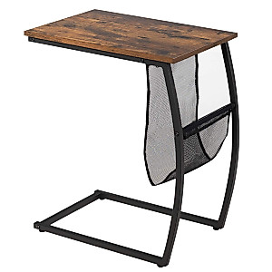 Tangkula Sofa Side End Table, C Table Snack Table with Side Pocket & Metal Frame, Over Bed Table Industrial Side Table for Sofa Couch Bed, Living Room, Bedroom (Rustic Brown)