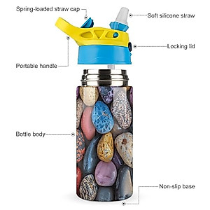 Stainless Steel Water Bottles Pebbles And Rocks Travel Water Cups with Handle And Silicone Straw Drinking Cup with Leak Proof Lid Thermo Travel Mug for Women Men