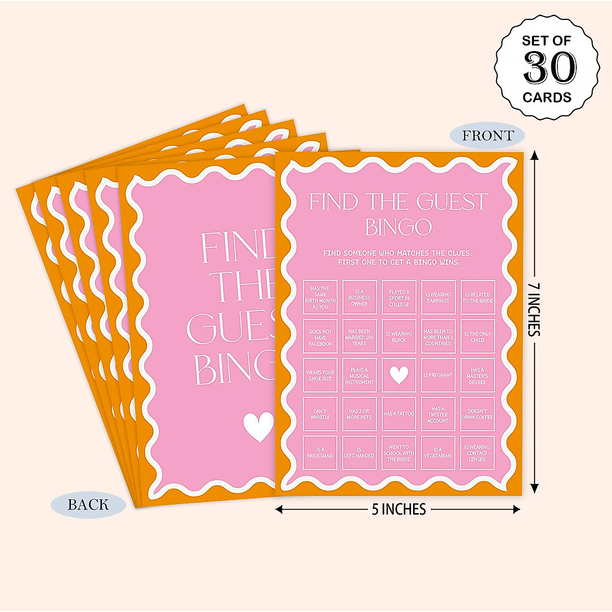 Tuyashua Pink Wavy Border Find The Guest Bingo Game for 30 Guests with Game Cards, Wavy Border Bridal Shower Game, Modern Bridal Shower Decorations, Wedding Shower or Bachelorette Party Supplies - 03
