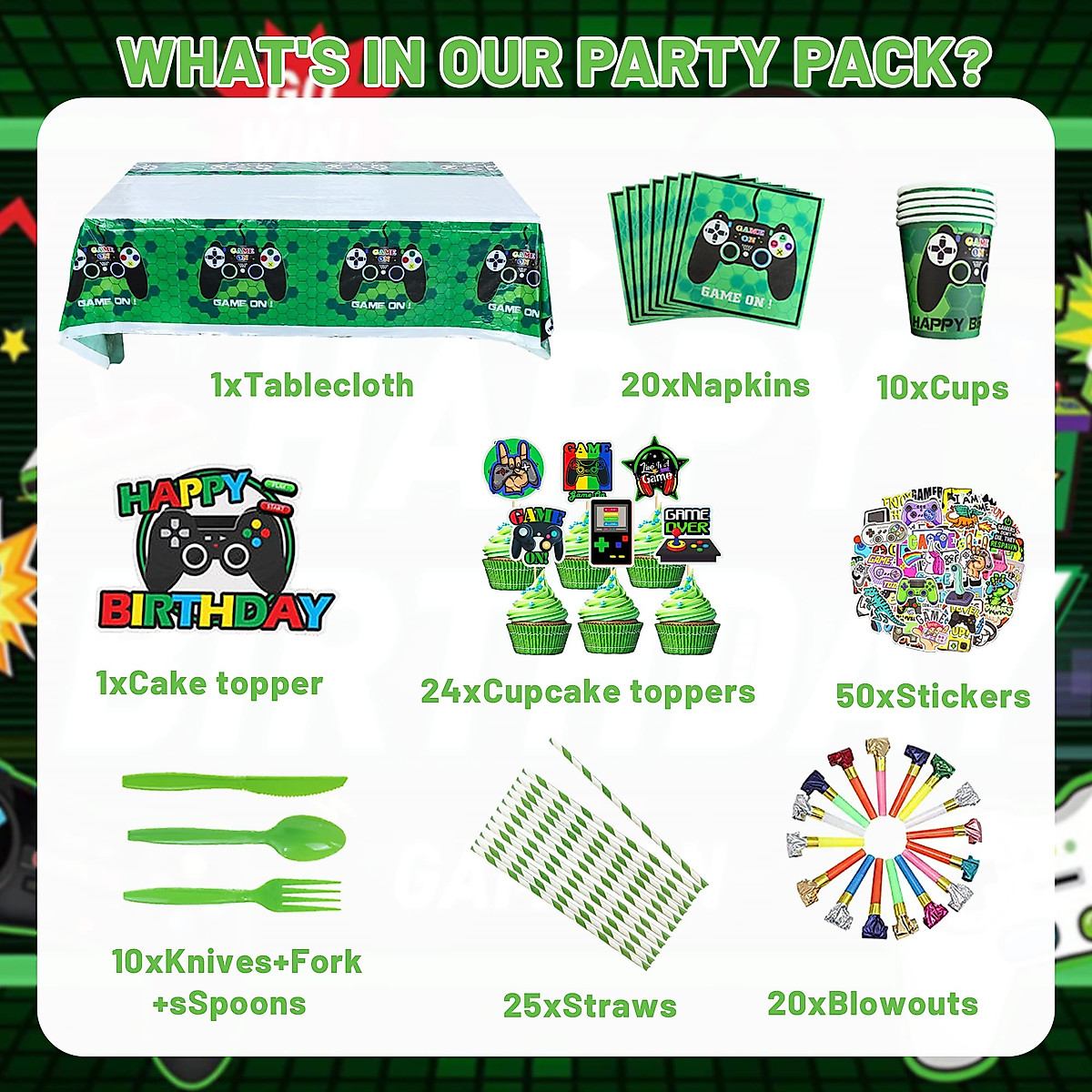 WODSMIN 254 PCS Green Video Game Party Supplies, Game Theme Decorations for Serves 10 Guests Plates, Cups, Hanging Swirls, Balloons, Banner, Cake Topper, Tablecloth and Backdrop for Birthday Party