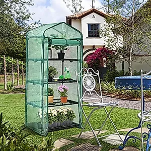 Giantex Portable Mini Greenhouse, Gardening Tent W/ 4-Tier Rack, Weatherproof PE Cover, Zippered Roll-up Door, Steel Frame, Easy Setup, Indoor & Outdoor Small Garden Supplies Green
