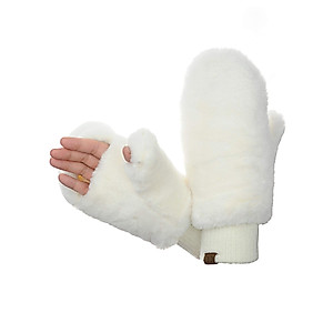 C.C Women's Faux Fur Wrist Length Fingerless Sherpa Lined Convertible Mittens Gloves-Ivory