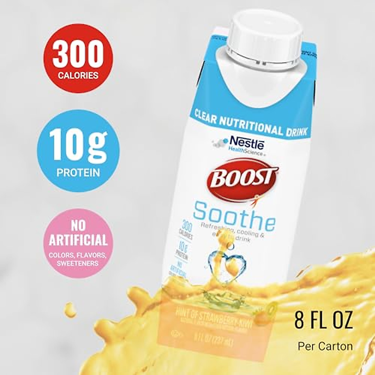 BOOST Soothe Clear Nutritional Drink – Cooling sensation - 300 Calories - 10 g Protein from Whey Protein Isolate - Hint of Strawberry Kiwi Flavor - 8 fl oz (Pack of 24)