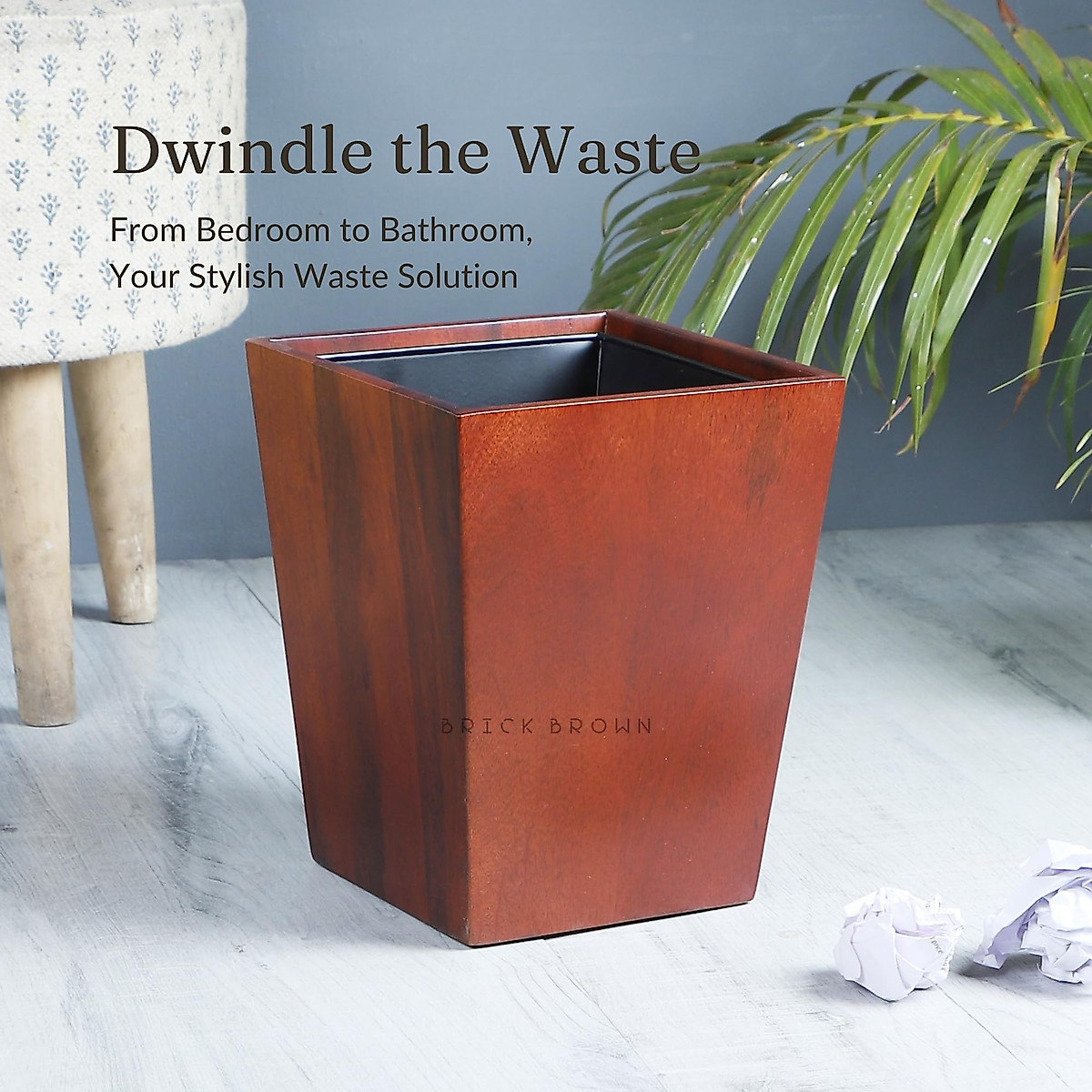Brick Brown Premium Solid Wood Trashbin Multipurpose Furniture Basket for Home Living Room Office | Dustbin with Removal Metal Inner Liner from Mahogany Collection (Dwindle, 8x8x9.8 Inch)
