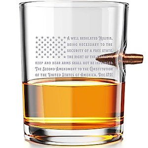 2nd Amendment American Flag - .308 Real Bullet Hand Blown Old Fashioned Whiskey Rocks Glass