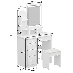 FUFU&GAGA Vanity Set with Mirror, Makeup Vanity Dressing Table with 5 Drawers, Shelves, Dresser Desk and Cushioned Stool Set (Lighted Mirror Vanity Set, 31.5" W x 15.7" D x 55.1" H)