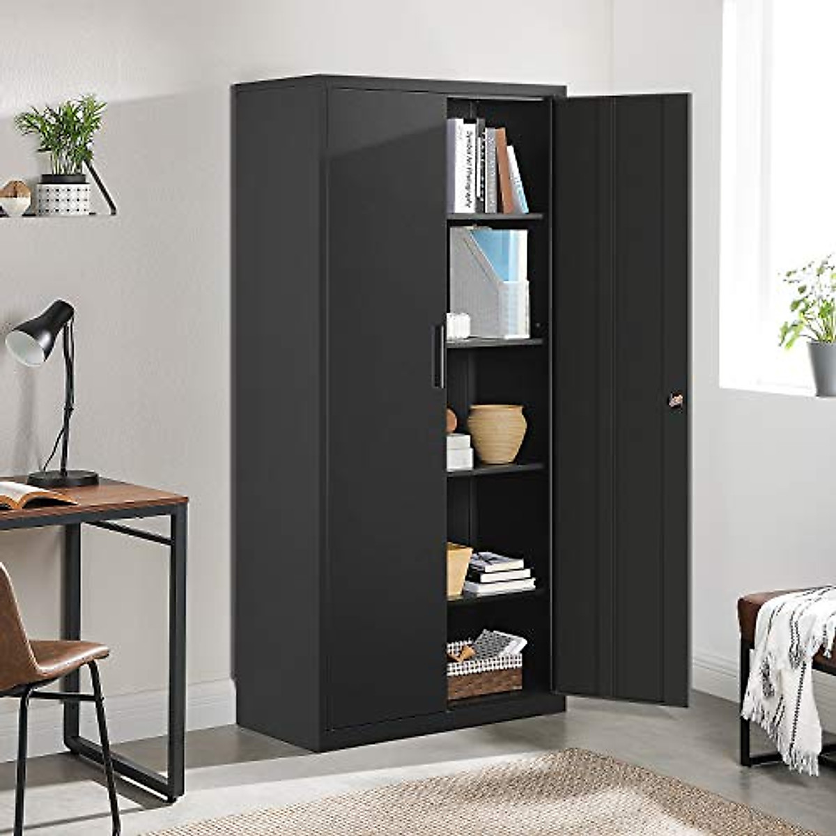 SONGMICS Garage Cabinet, Metal Storage Cabinet with Doors and Shelves, Office Cabinet for Home Office, Garage and Utility Room, Black UOMC015B01